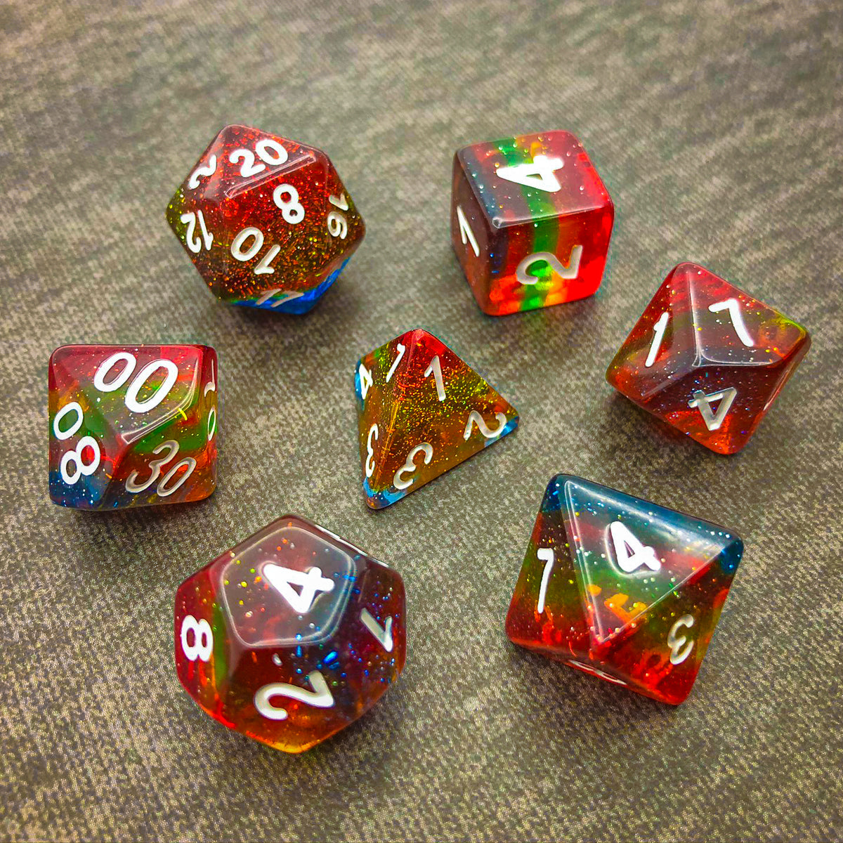 Luck of the Roll - 7 Piece Polyhedral Dice Set, Rainbow Stacked Colors ...