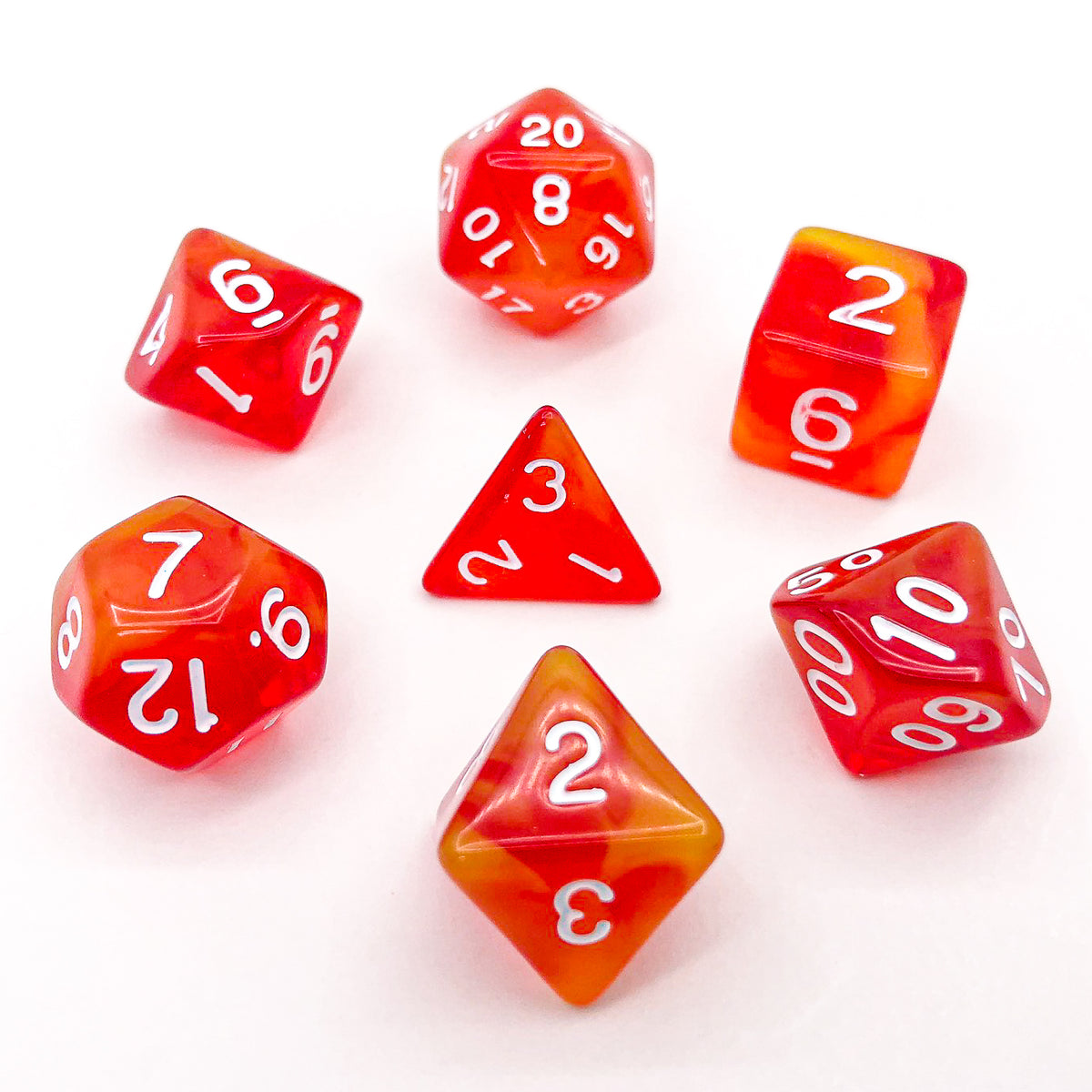 Translucent - Red and Yellow with White Numbers - 7 Piece Polyhedral D ...